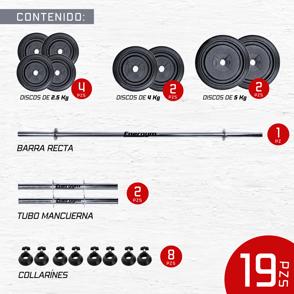 Kit Pesas Barra Recta, Mancuernas y Discos (28 Kg) - Energym – Metalicon